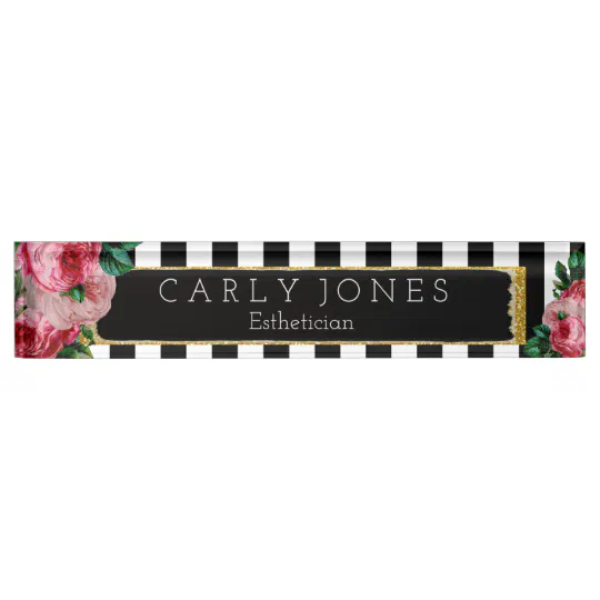 Black Stripes and Floral Desk Nameplate | Zazzle.com