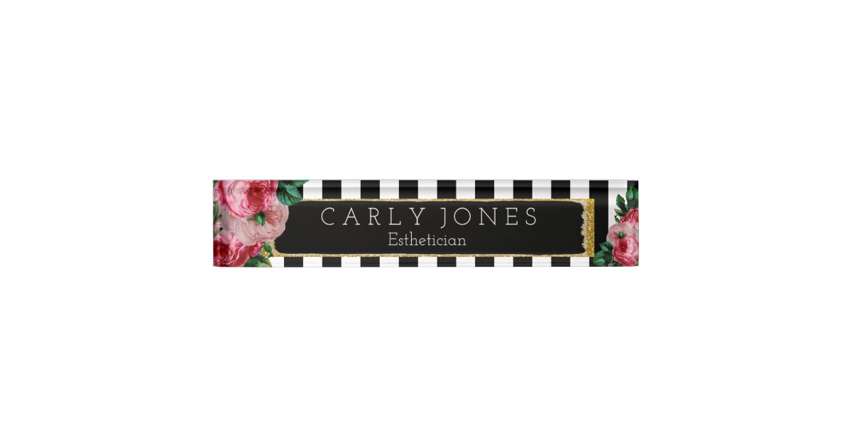 Black Stripes and Floral Desk Nameplate | Zazzle