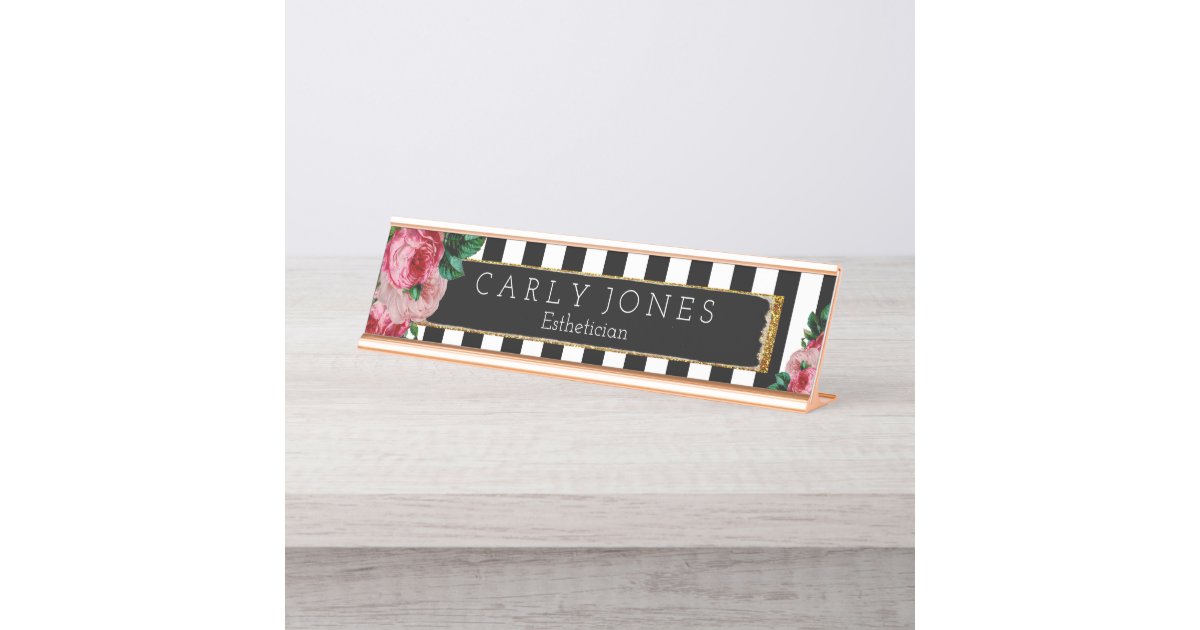 Black Stripes and Floral Desk Nameplate | Zazzle