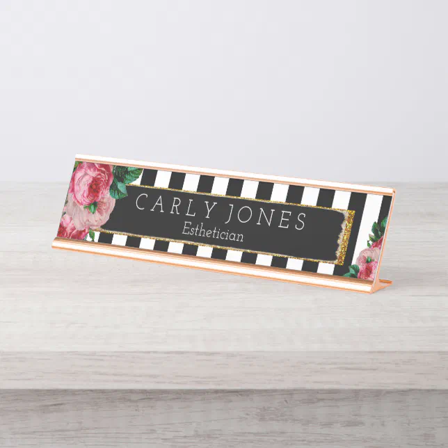 Black Stripes and Floral Desk Nameplate | Zazzle