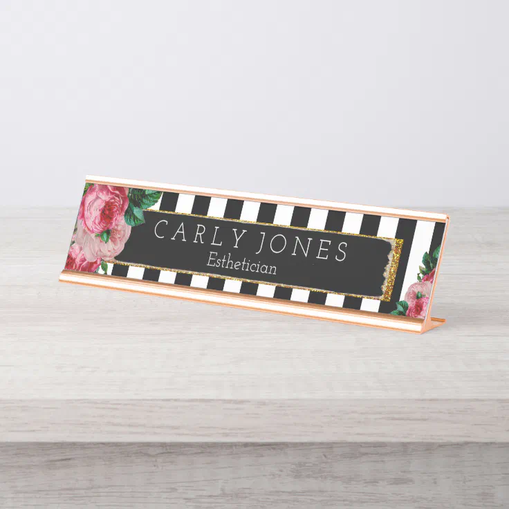Black Stripes and Floral Desk Nameplate | Zazzle