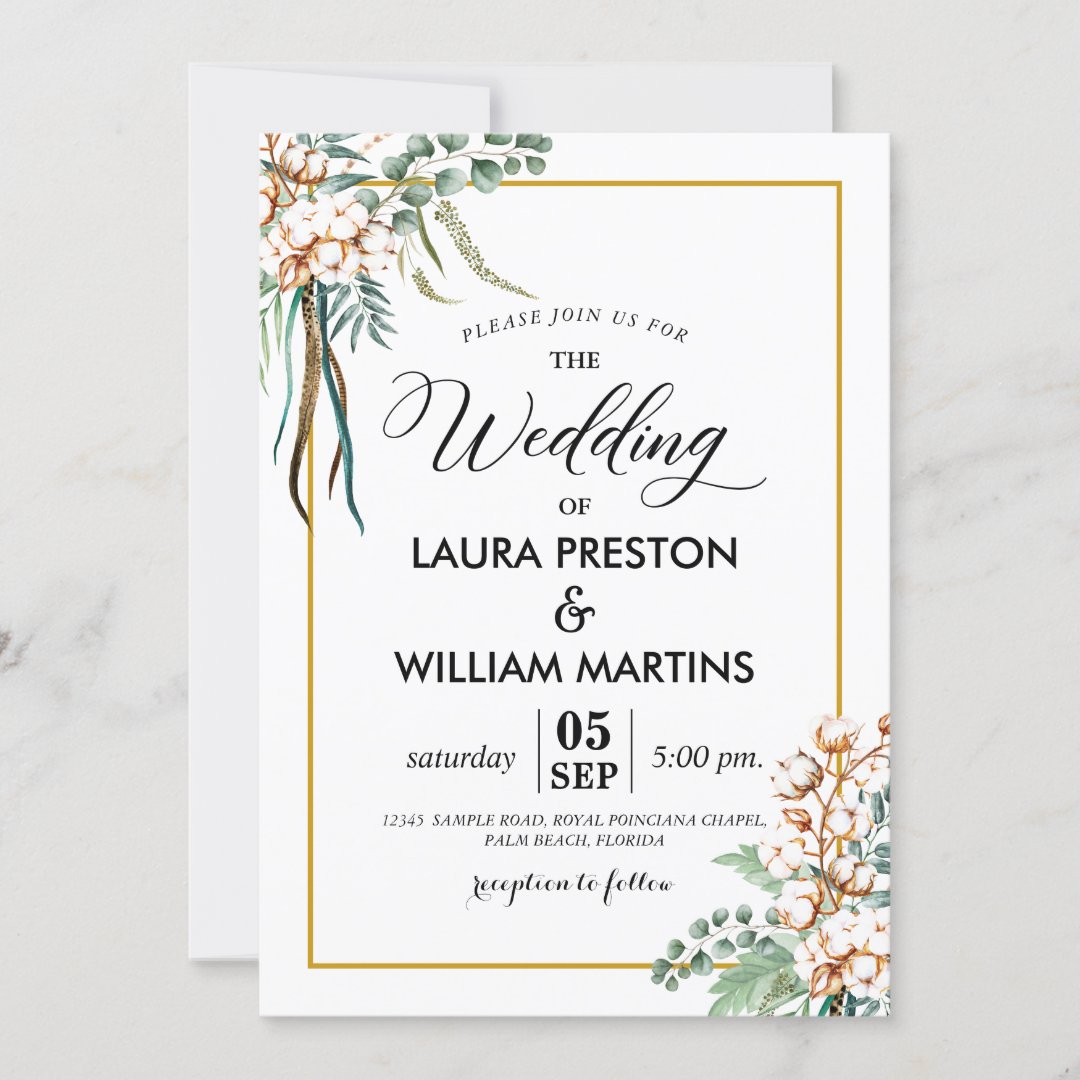 Black Stripes Calligraphy Greenery Cotton Wedding Invitation | Zazzle