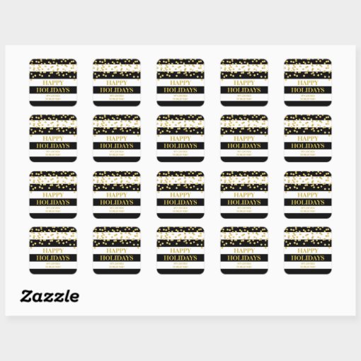 Black Stripes Gold Confetti Happy Holidays Custom Square Sticker | Zazzle