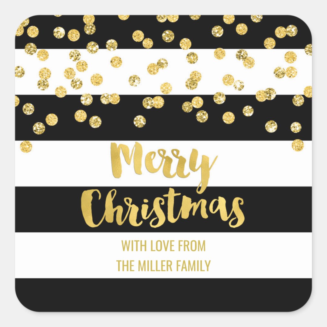 Black Stripes Gold Confetti Merry Christmas Custom Square Sticker | Zazzle
