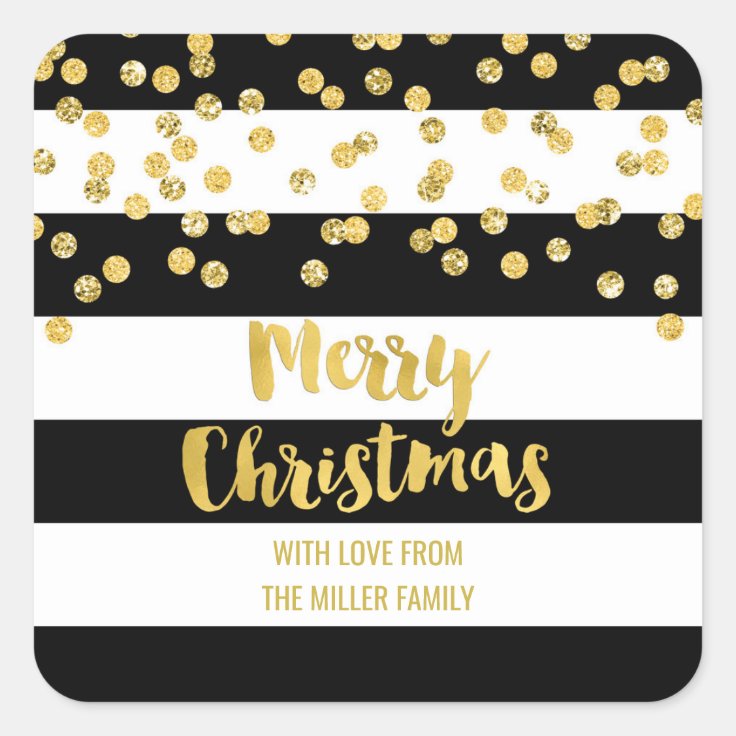 Black Stripes Gold Confetti Merry Christmas Custom Square Sticker | Zazzle