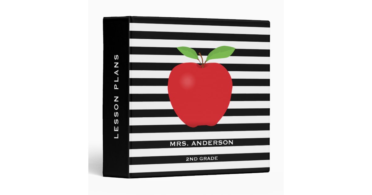 Black Stripes, Red Apple Personalized Teacher 3 Ring Binder | Zazzle