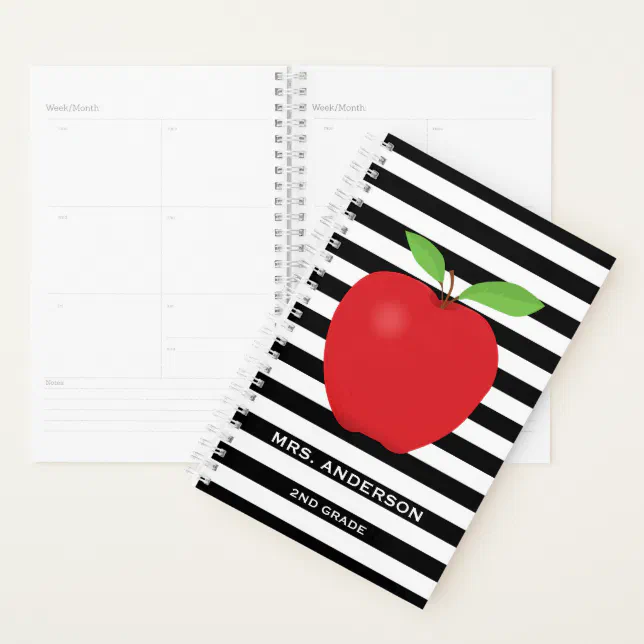 Black Stripes, Red Apple Personalized Teacher Planner | Zazzle