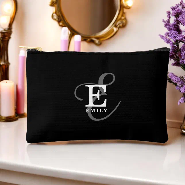 Black Stylish Calligraphy Monogram and Name Accessory Pouch | Zazzle
