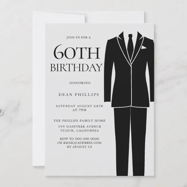 Black Suit & Tie Mens 60th Birthday Party Invitation | Zazzle
