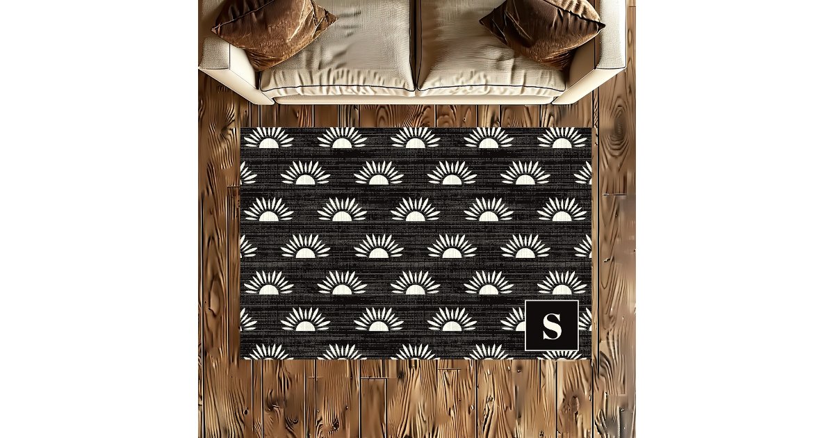 Black Sunburst Pattern Boho Monogram Rug | Zazzle