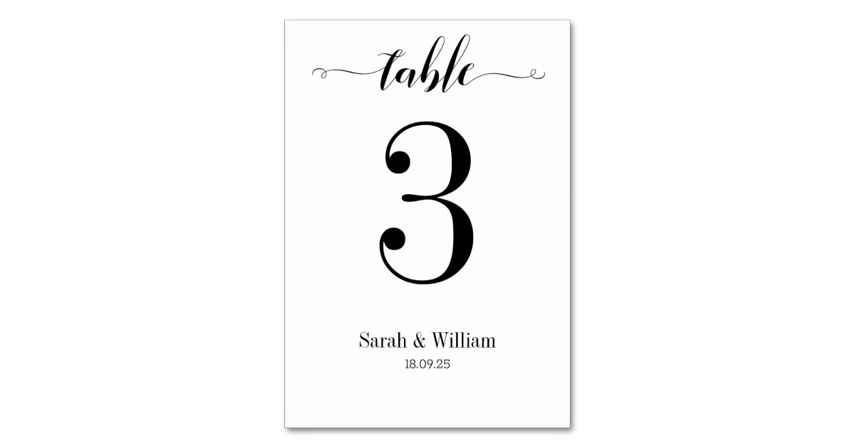 Black Swash Calligraphy Wedding Table Number | Zazzle