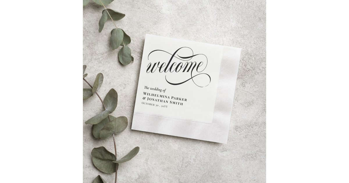 Black Swirly Script Wedding Welcome Napkins | Zazzle