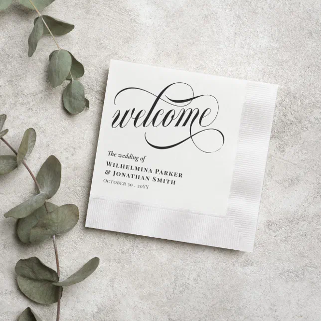 Black Swirly Script Wedding Welcome Napkins | Zazzle