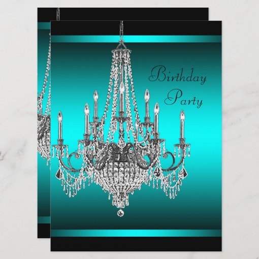Black Teal Blue Chandelier Birthday Party Invitation | Zazzle