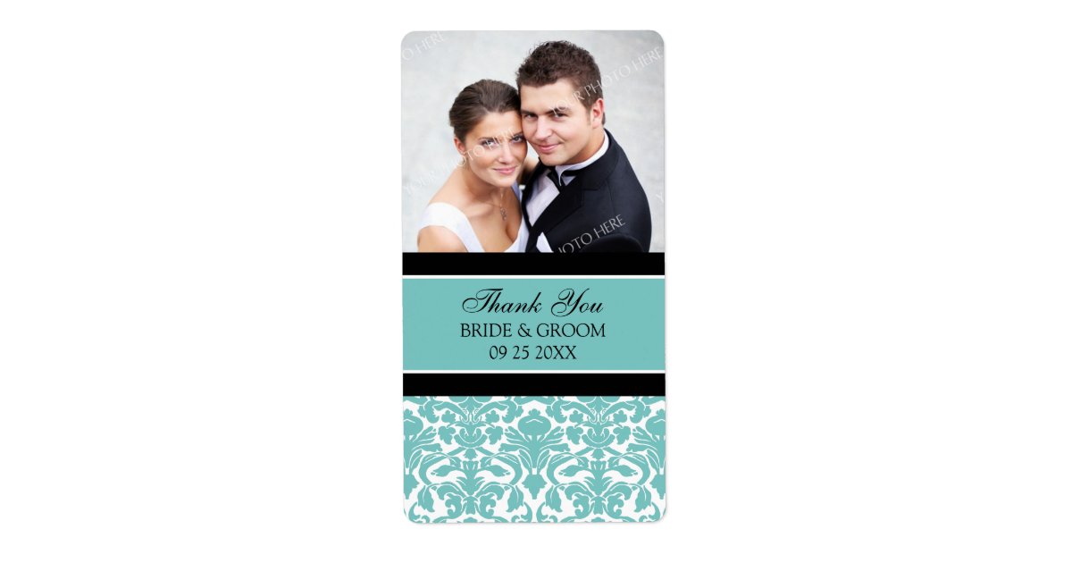 Black Teal Damask Photo Wedding Labels | Zazzle
