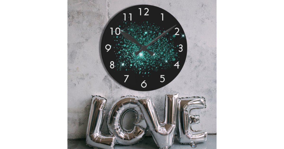 Black teal green glitter sparkle round clock | Zazzle