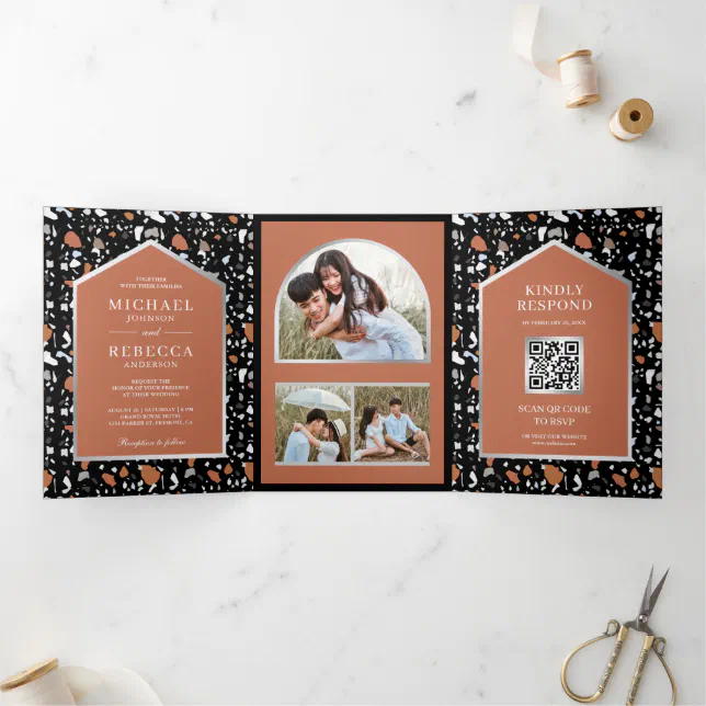 Black Terrazzo Tile Terracotta QR Code Wedding Tri-Fold Invitation | Zazzle