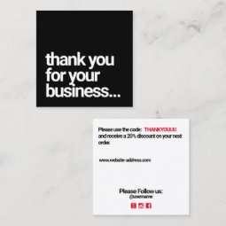 Black Thank You Customer Appreciation Discount Square Business Card ...