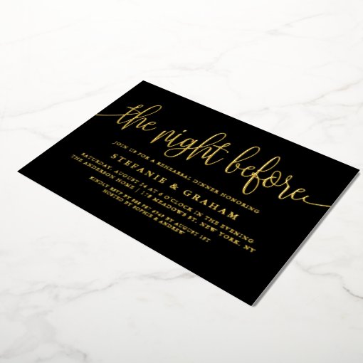 Black The Night Before Script Rehearsal Dinner Foil Invitation | Zazzle