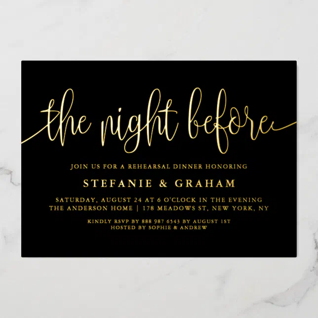 Black The Night Before Script Rehearsal Dinner Foil Invitation | Zazzle