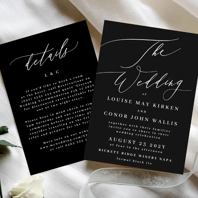 Black The Wedding Details on back Invitation | Zazzle