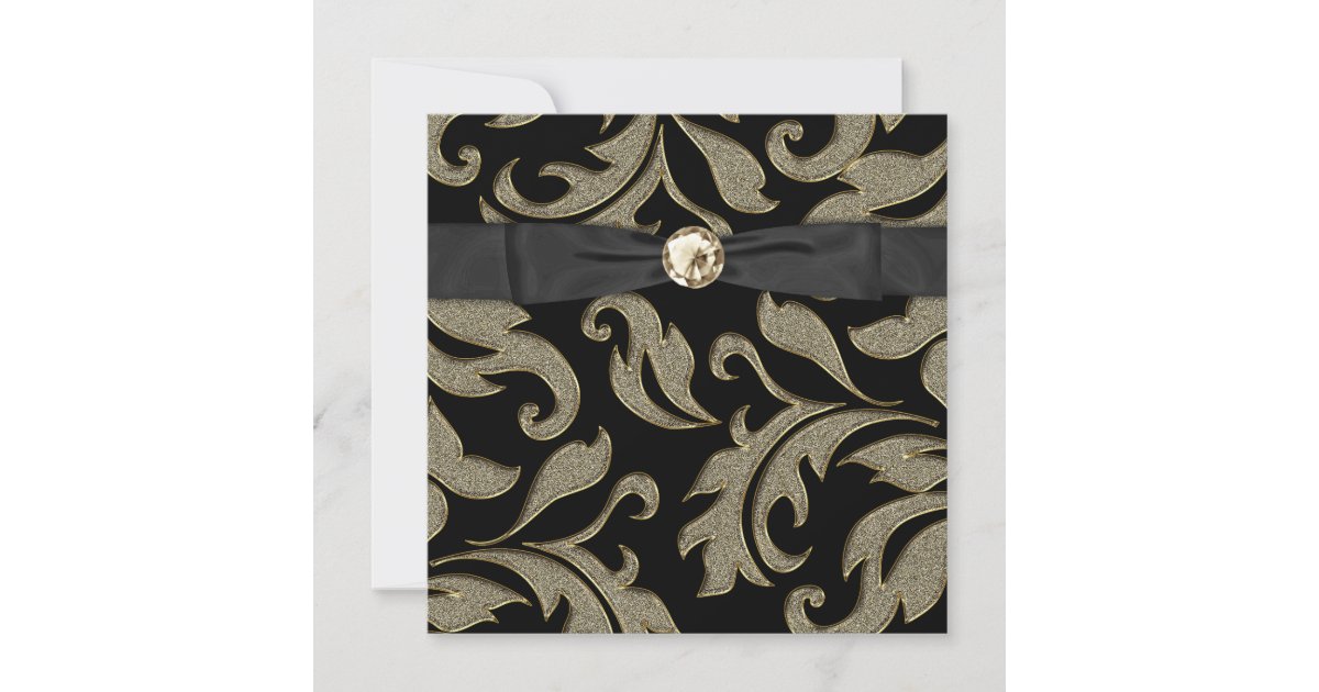 Black Tie Black Gold Damask Party Invitation | Zazzle