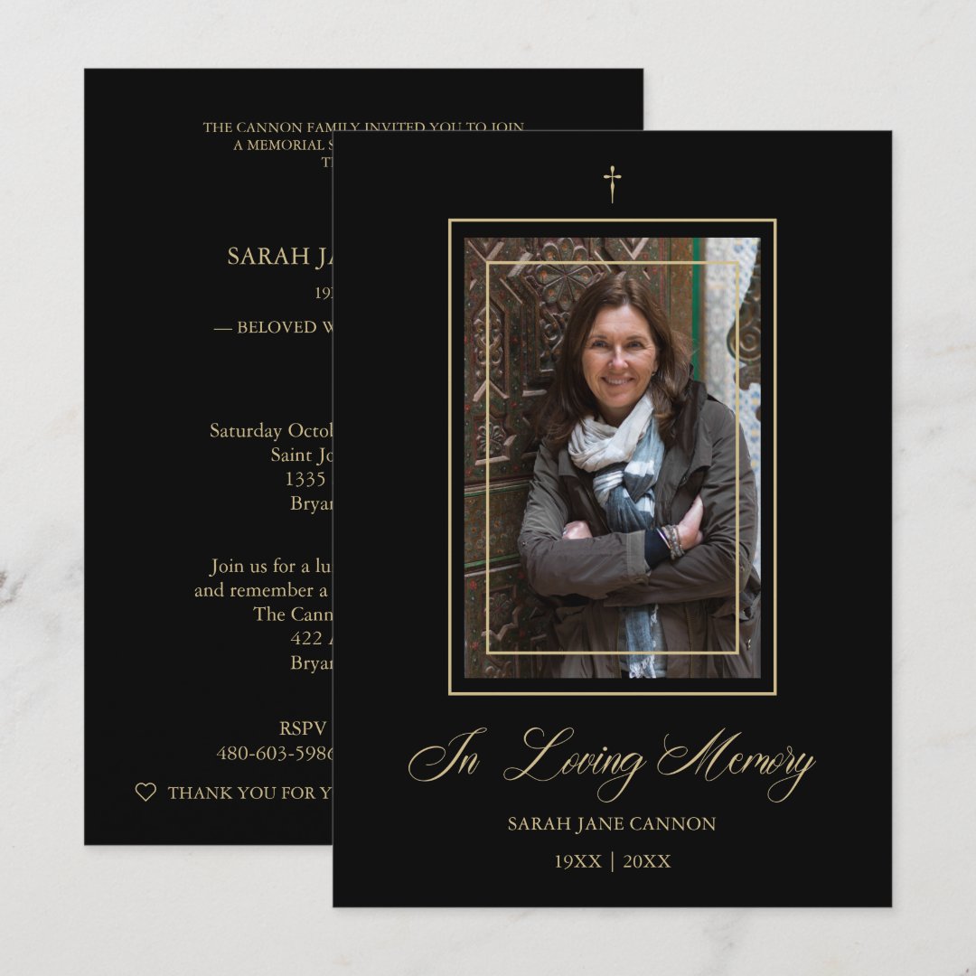 Black Traditional & Elegant Golden Photo Funeral Note Card | Zazzle