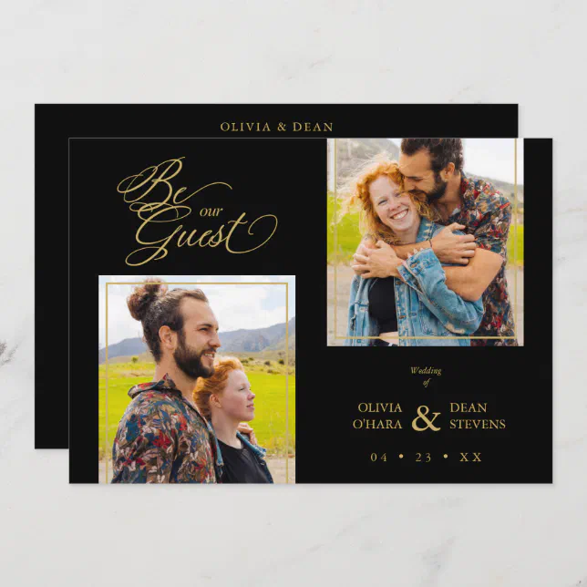 Black Trendy 2 Photos Fake Golden Invitation | Zazzle