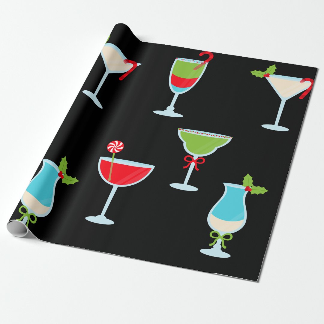 Black Trendy Cocktail Party Holiday Christmas Wrapping Paper | Zazzle