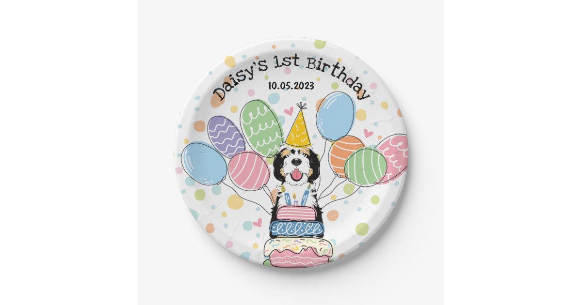 Black Tri Color Sheepadoodle Dog Birthday Paper Plates | Zazzle