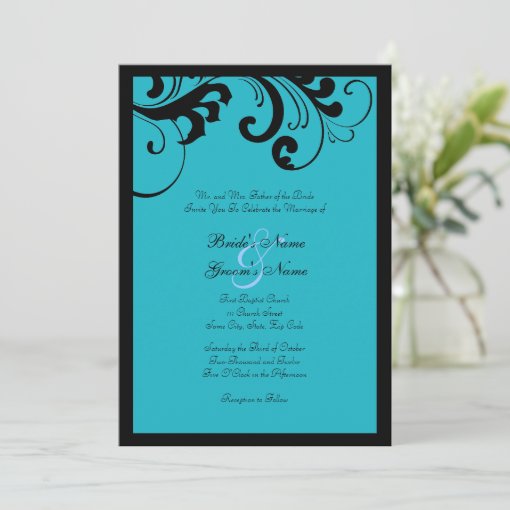 Black & Turquoise Swirls Frame Wedding Invitation | Zazzle