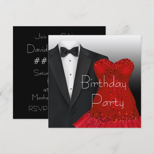 Black Tuxedo Red Dress Birthday Party Invitation | Zazzle
