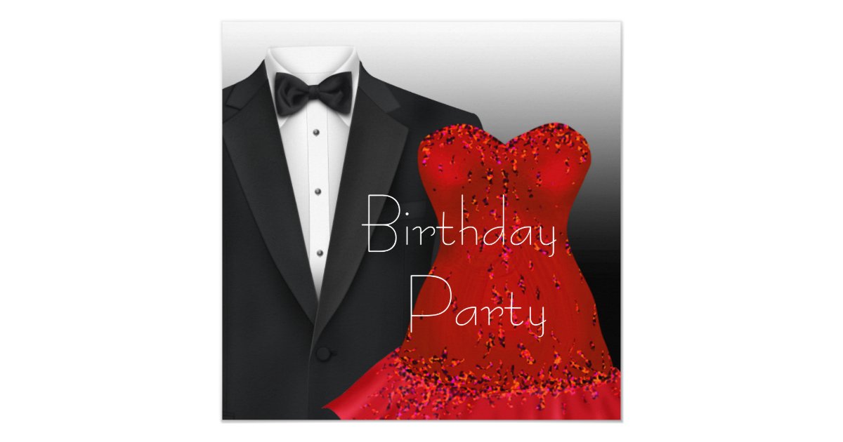 Black Tuxedo Red Dress Birthday Party Invitation | Zazzle.com