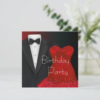 Black Tuxedo Red Dress Party Invitation Template | Zazzle