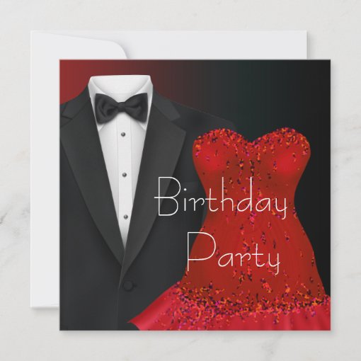 Black Tuxedo Red Dress Party Invitation Template | Zazzle