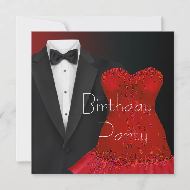 Black Tuxedo Red Dress Party Invitation Template | Zazzle