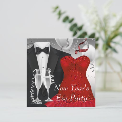 Black Tuxedo Red Dress Party Invitation Template | Zazzle