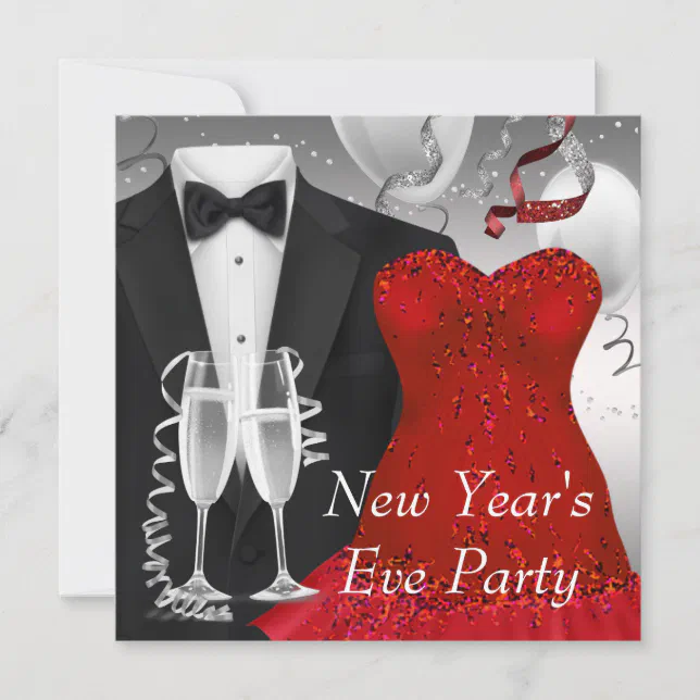 Black Tuxedo Red Dress Party Invitation Template | Zazzle