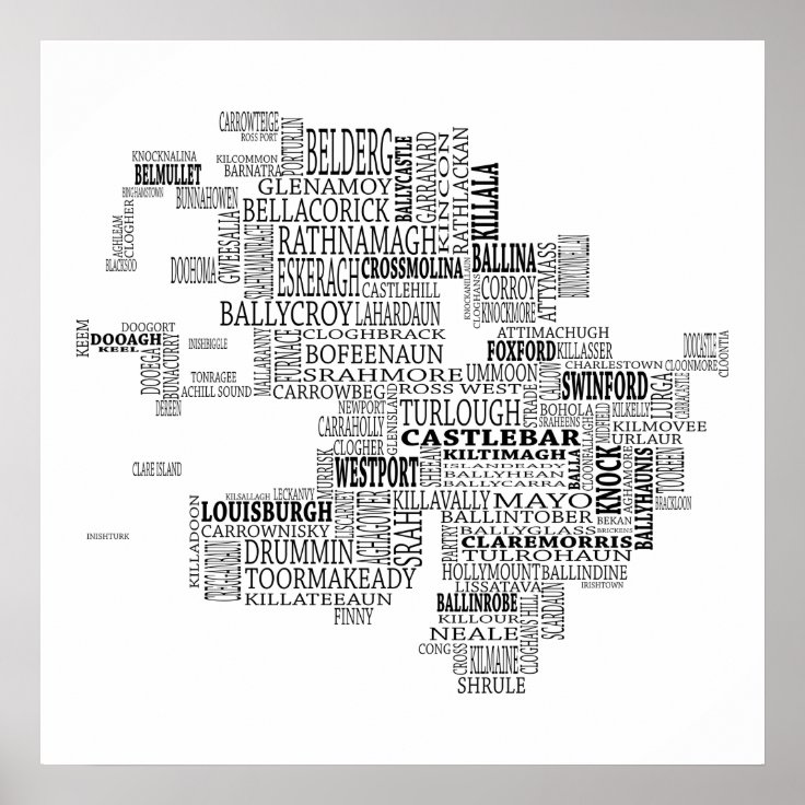 Black Typographical Map of Co. Mayo, Ireland Poster | Zazzle