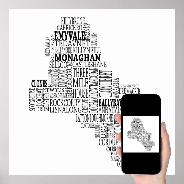 Black Typographical Map of Co. Monaghan, Ireland Poster | Zazzle