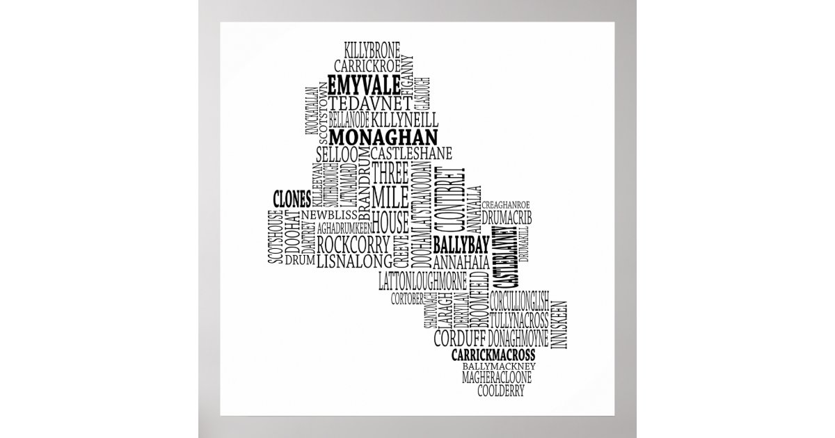 Black Typographical Map of Co. Monaghan, Ireland Poster | Zazzle