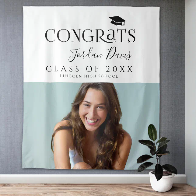 Black Typography Modern Photo Graduation Party Tapestry | Zazzle