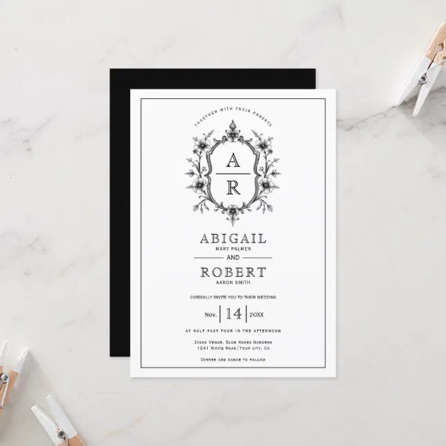Black vintage floral crest and initials wedding invitation | Zazzle