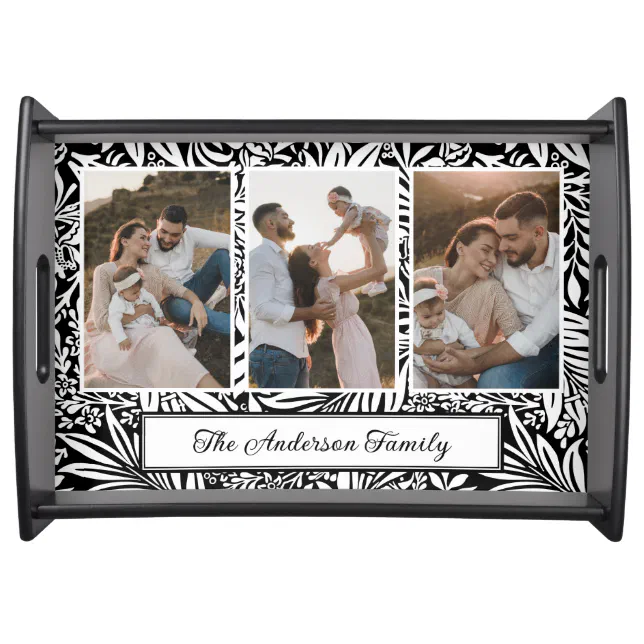 Black Vintage Floral Family Photo Collage Serving Tray | Zazzle