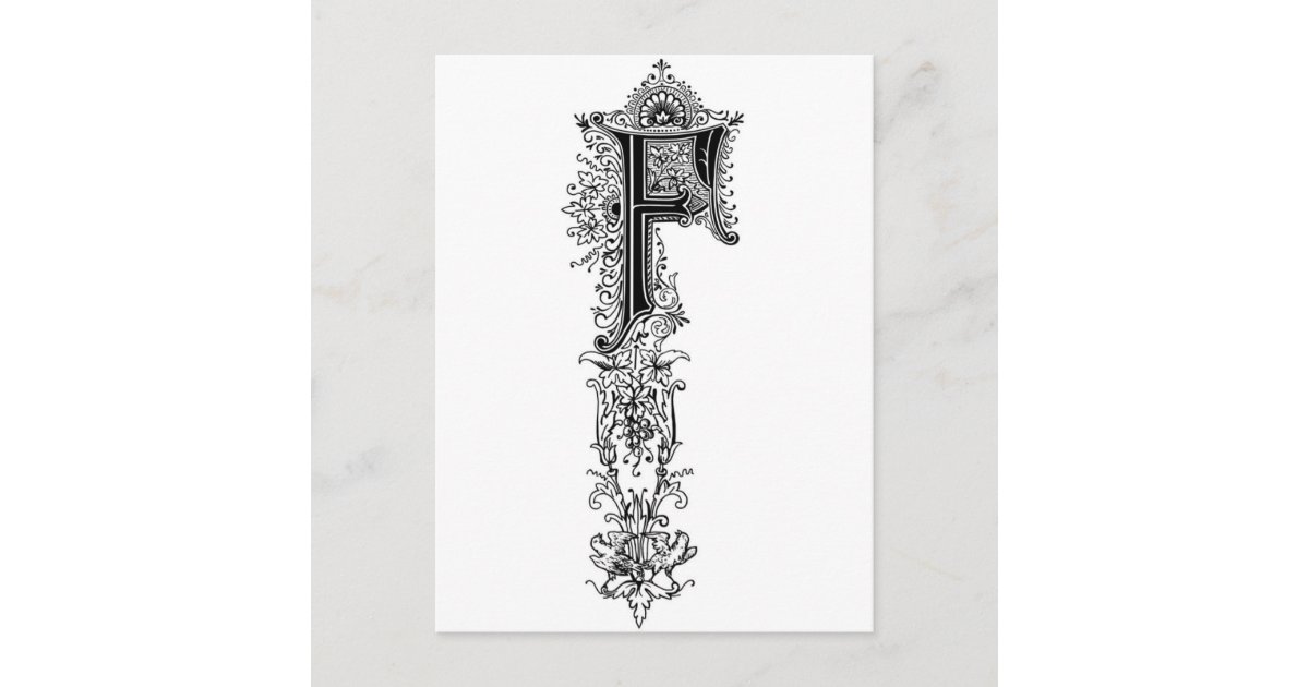 Black Vintage Floral Monogram F Initial Letter Postcard | Zazzle