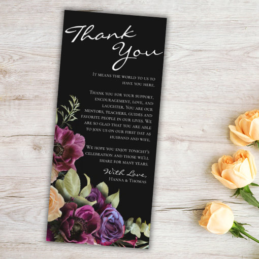 Black Vintage Floral Wedding Thank You Place Card | Zazzle