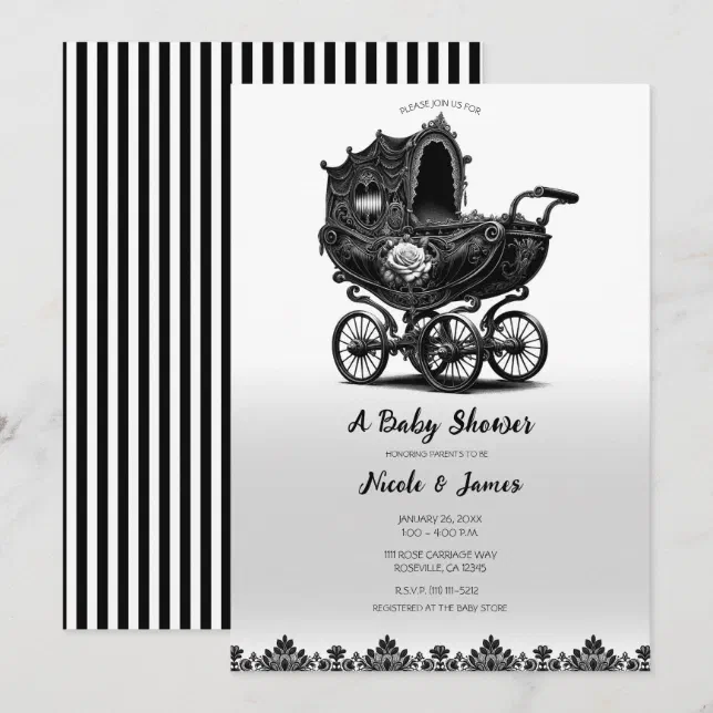 Black Vintage Gothic Pram Carriage Baby Shower Invitation | Zazzle