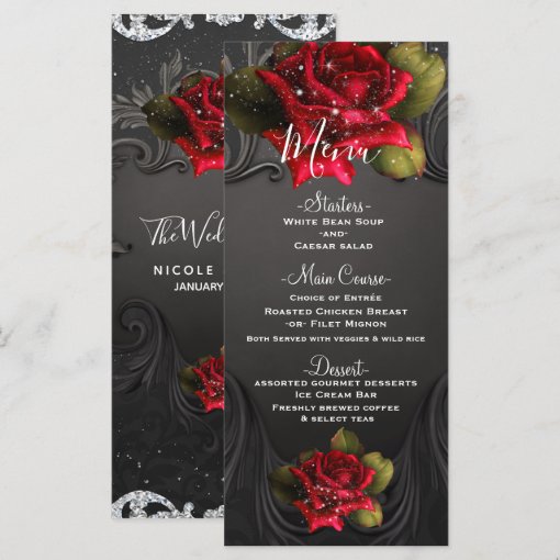 Black Vintage Ornamental Red Roses Wedding Menu | Zazzle