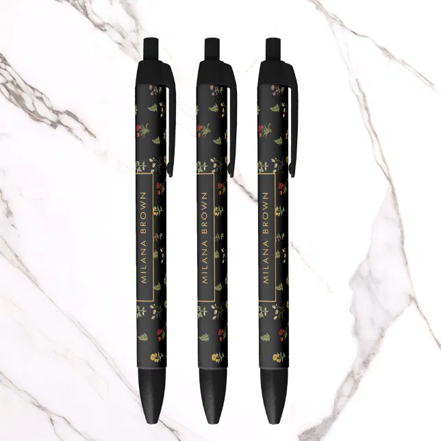 Black Vintage Wildflower Floral & Gold Name Pen | Zazzle
