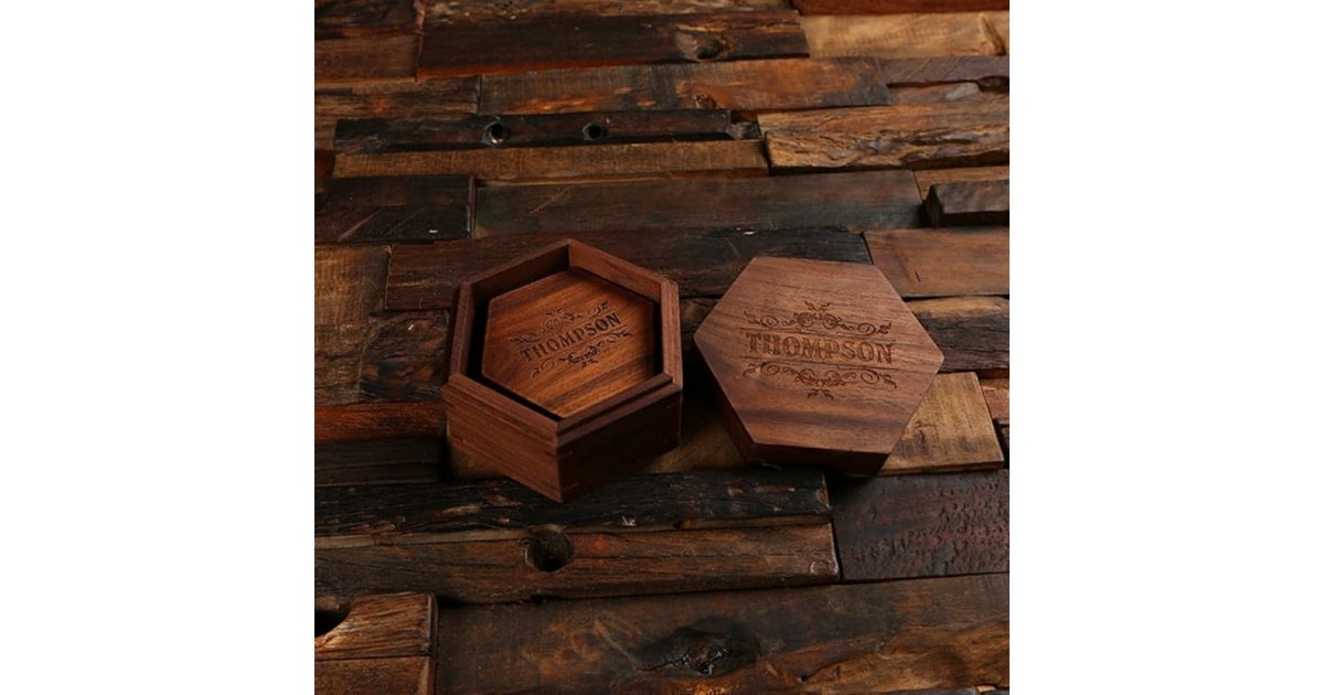 Black Walnut Box with Engraved Hexagon Coasters | Zazzle